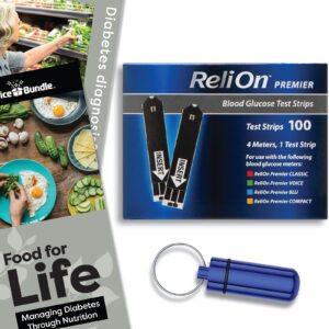 relion reli on premier blood glucose test strips 100 ct choice bundle | includes food for life guide & portable pill container (3 items)!