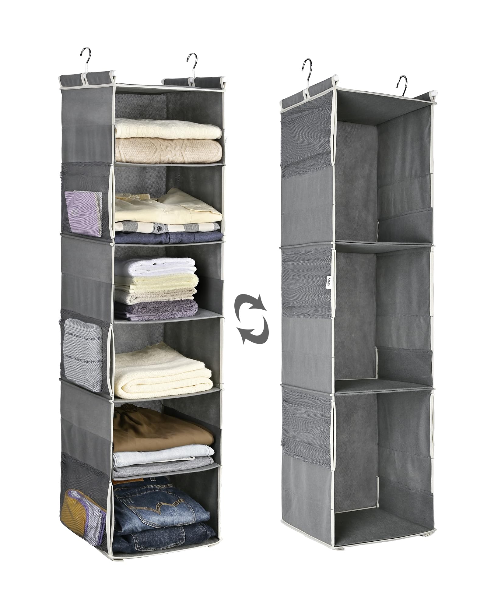 ULG 1 PC Hanging Closet Organizer, 3-in-1 to 6-in-1 Reversible Closet Hanging Shelves with 6 Side Pockets for Wardrobe Clothes Sweater Storage, Foldable, Dark Gray