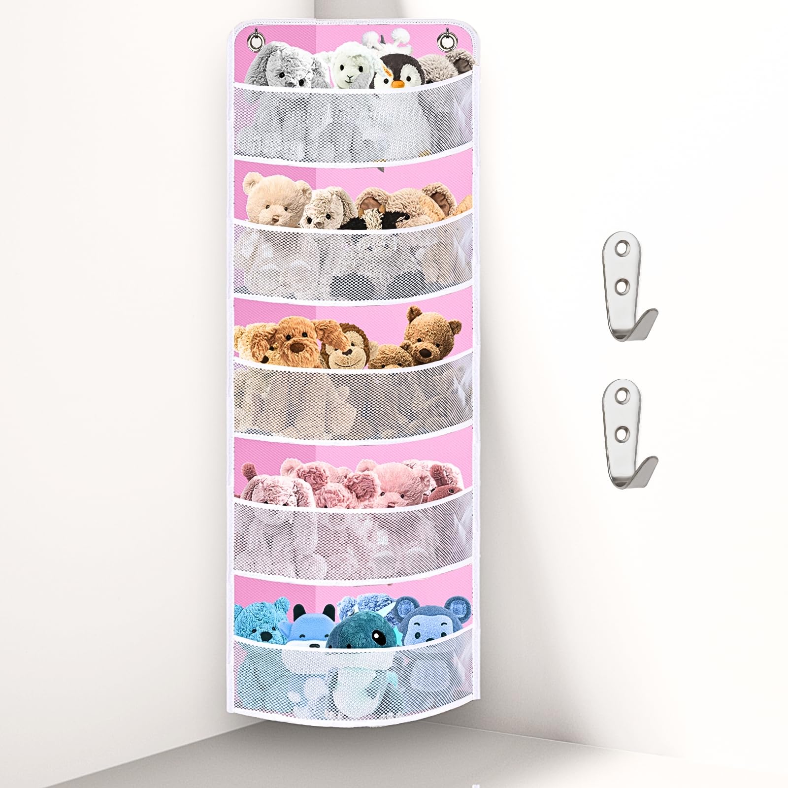 Ofiray-home Soft Corner Shelf 5 Tiers | Safe Hanging Organizer | Child-Friendly Wall Mount Storage | for Sundries, Toys, Stuffed Animals, Diapers | for Pantry Closet Bedroom Nursery Organization Pink