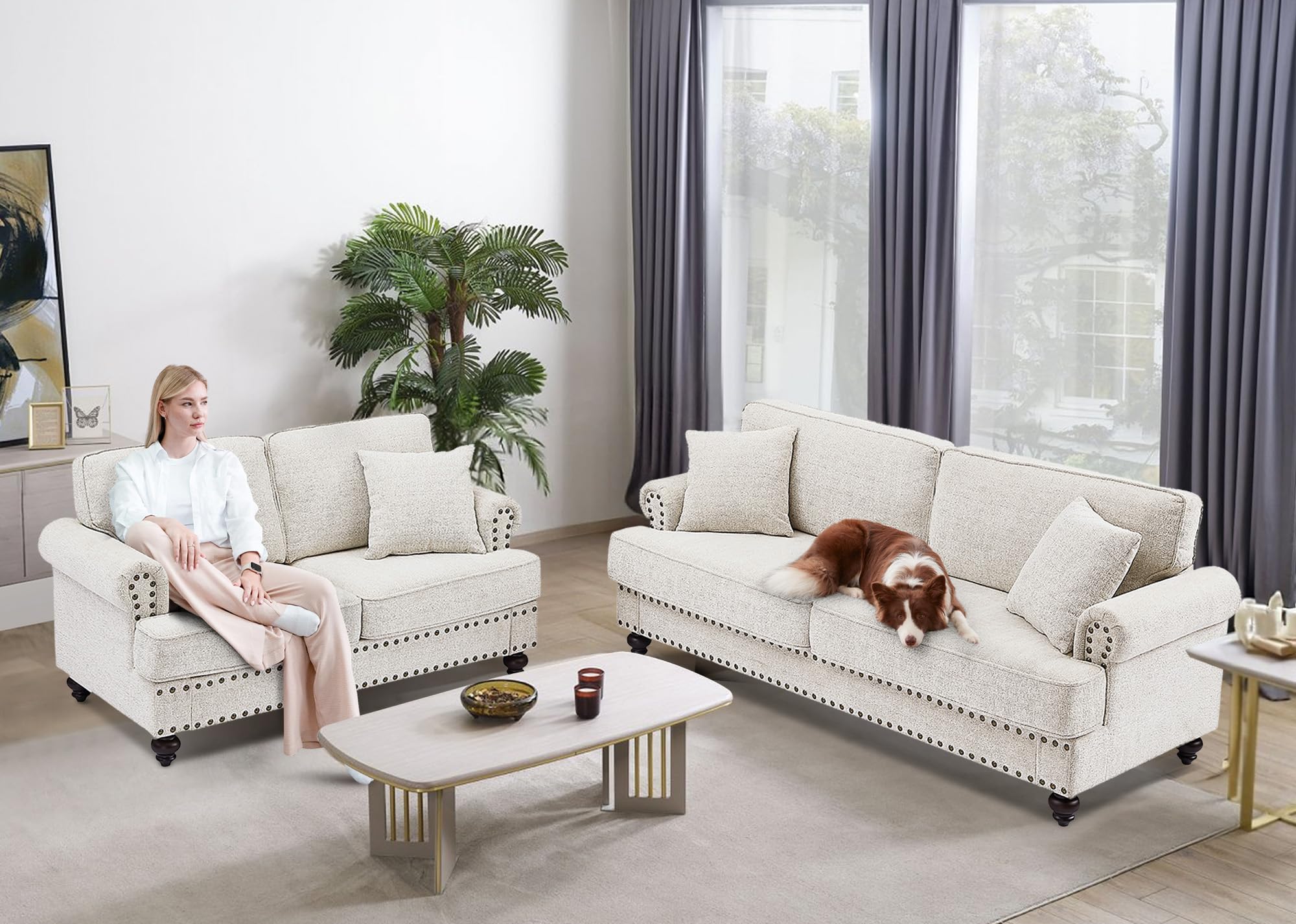 JEEOHEY 2 Piece Living Room Furniture Sets,Comfy Sofa Couch Set,Including Loveseat&3 Seater Sofa,Upholstered Deep Seat Sofa,Modern juegos de muebles de sala with Rolled Arms & Nailhead Trim(White)