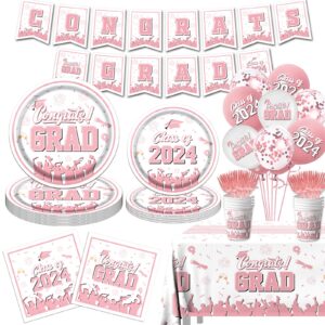 graduation party supplies, 2024 graduation party dinnerware set, congrats grad plates napkins cups tablecloth banner balloons for class of 2024 graduation decorations supplies (rose pink)