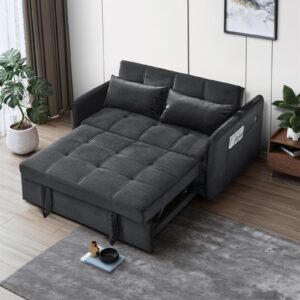 kinffict velvet pull out sleeper sofa bed with usb ports, convertible futon couch with adjustable backrest, 3 in 1 modern loveseat with 2 pockets and pillows, small love seat for living room, black