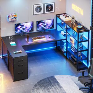 sedeta l shaped gaming desk, reversible u shaped computer desk with power outlet and storage shelves, corner gaming desk with led lights, 3 fabric drawers, black