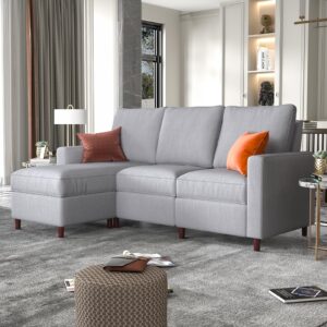 ginguohome convertible sectional sofa couch, 3 seat l-shaped sofa with linen fabric, movable ottoman small couch for small apartments, living room and office (grey)