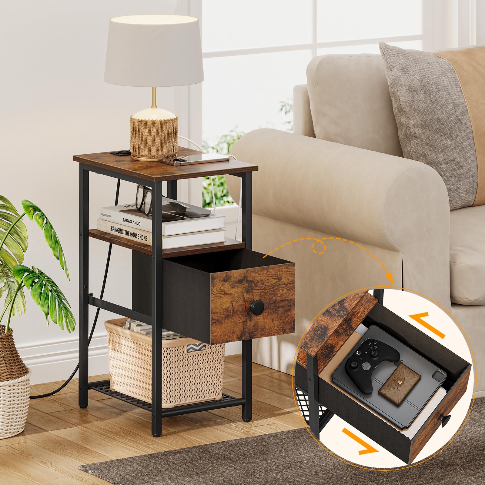 Snughome Nightstand Set of 2, End Table with Charging Station, Side Table with Drawer, 3 Tier Night Stand with USB Ports and Outlet, Beside Table for Bedroom