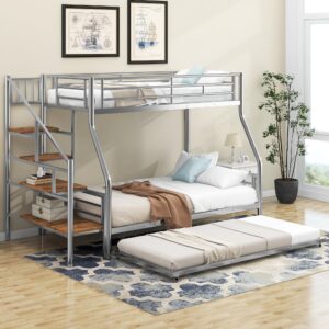 bellemave twin over full metal bunk beds with trundle and storage staircase,heavy-duty metal bunk bed frame for kids,teens,adults，space-saving,silver