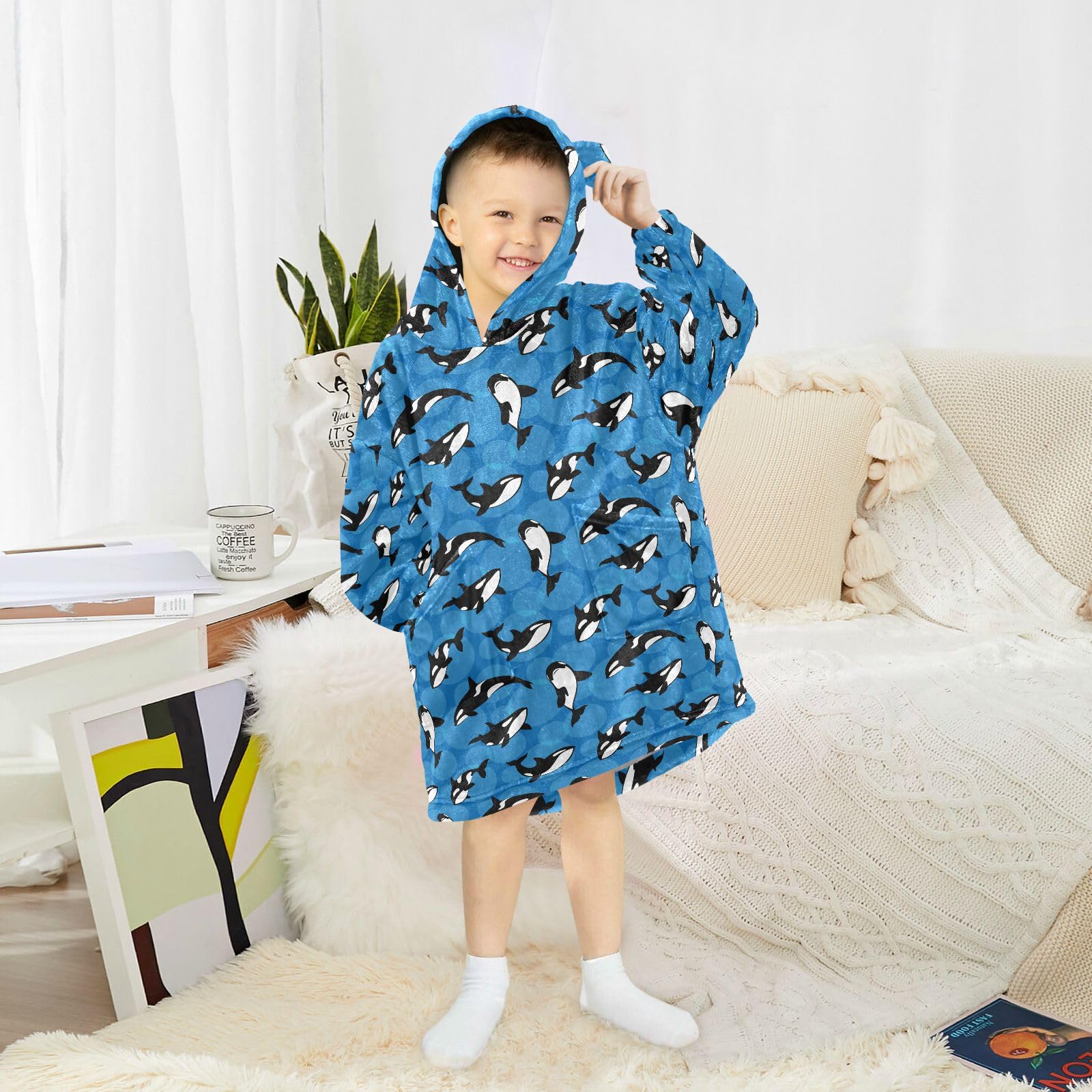 JHKKU Hoodie Blankets Sweatshirt Orca Killer Whale for Kids Warm Wearable Blanket with Pocket, Soft Comfortable Flannel Hoodie Blankets, Gifts for Girls Boys 3-14YR L