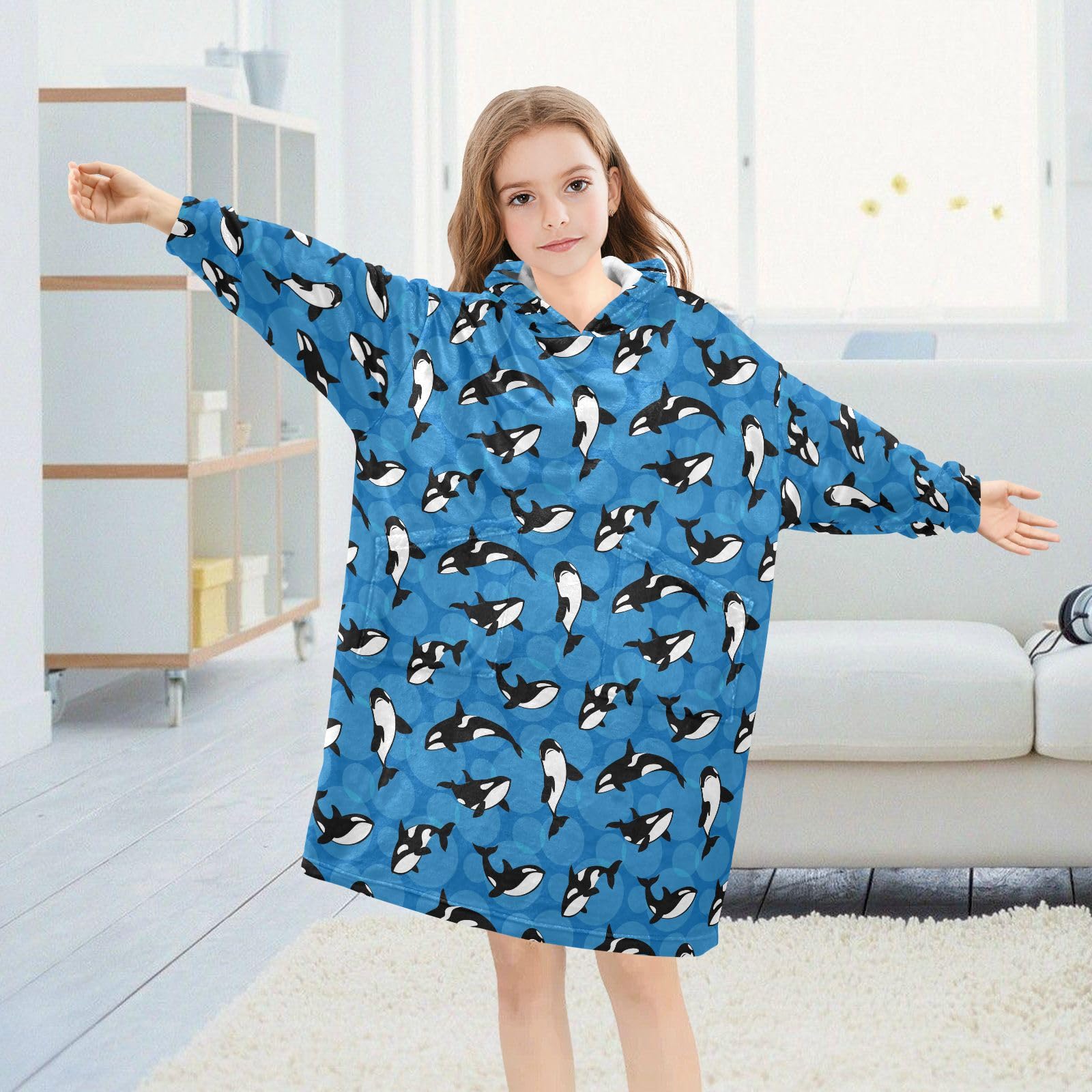 JHKKU Hoodie Blankets Sweatshirt Orca Killer Whale for Kids Warm Wearable Blanket with Pocket, Soft Comfortable Flannel Hoodie Blankets, Gifts for Girls Boys 3-14YR L