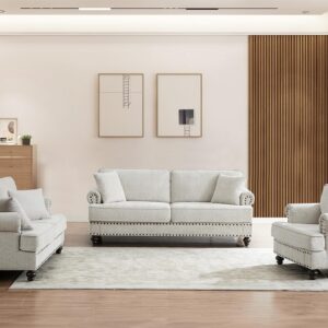 JEEOHEY 2 Piece Living Room Furniture Sets,Comfy Sofa Couch Set,Including Loveseat&3 Seater Sofa,Upholstered Deep Seat Sofa,Modern juegos de muebles de sala with Rolled Arms & Nailhead Trim(White)