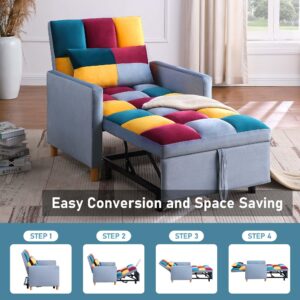 SumKea Convertible Sleeper Sofa Chair Bed, 3 in 1 Multi-Function Folding Ottoman Bed Couch Bed, Sigle Pull-Out Bed with Adjustable Backrest and Pillow for Living Room Apartment Office, Rainbow