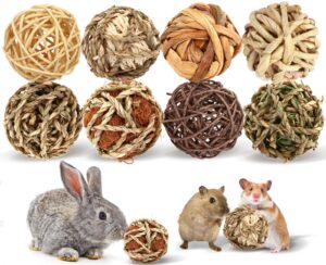 vespro bunny chew grass balls, rolling chew toys for small animals, natural chew grass toys and bunny treats for rabbits, guinea pigs, chinchillas, hamsters, mice teeth grinding (8 pcs)