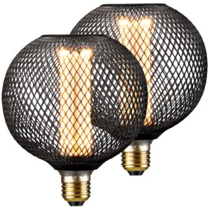 tujoe 2 pcs edison decorative light bulb metal cage light bulbs vintage edison decorative bulb nostalgic light bulb dimmable warm soft for home kitchen restaurant, 3.5w, e26 base(black,round)