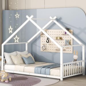 montessori floor bed with headboard and footboard, twin floor bed with slats, metal house floor bed for kids, girls, boys, white montessori bed twin size