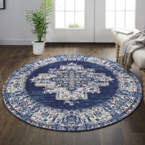 vivorug washable rug, ultra soft - 4' round rug - non slip, stain resistant area rugs for living room bedroom, vintage inspired (grey/medallion, 4 round)