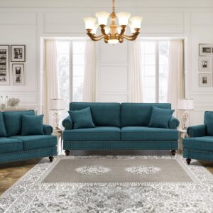 JEEOHEY 3 Piece Living Room Furniture Sets,Comfy Upholstered Sofa Couch Set,Including Armchair&Loveseat&3 Seater Sofa,Modern Deep Seat juegos de muebles de sala with Rolled Arms & Nailhead Trim(Green)