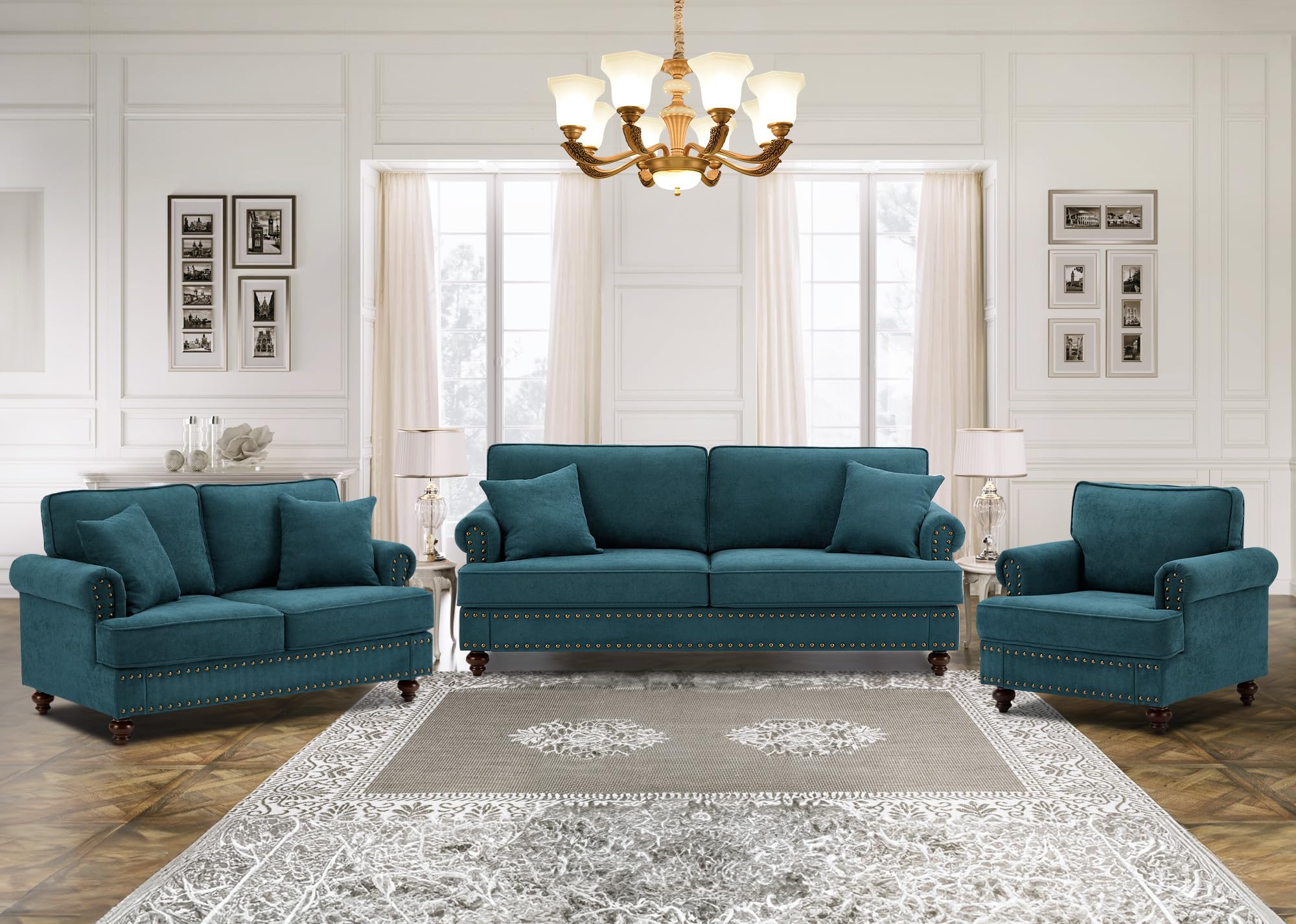 JEEOHEY 3 Piece Living Room Furniture Sets,Comfy Upholstered Sofa Couch Set,Including Armchair&Loveseat&3 Seater Sofa,Modern Deep Seat juegos de muebles de sala with Rolled Arms & Nailhead Trim(Green)