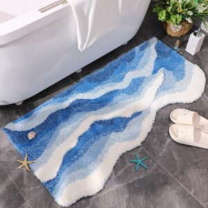 tinideya blue wave rug 47 x 24 inch tufted ocean waves area rug ocean rug with nonslip backing coastal bathroom rugs washable 3d waves bath mats for home living room bathroom bedroom kitchen decor