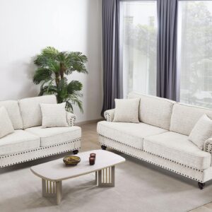 JEEOHEY 2 Piece Living Room Furniture Sets,Comfy Sofa Couch Set,Including Loveseat&3 Seater Sofa,Upholstered Deep Seat Sofa,Modern juegos de muebles de sala with Rolled Arms & Nailhead Trim(White)