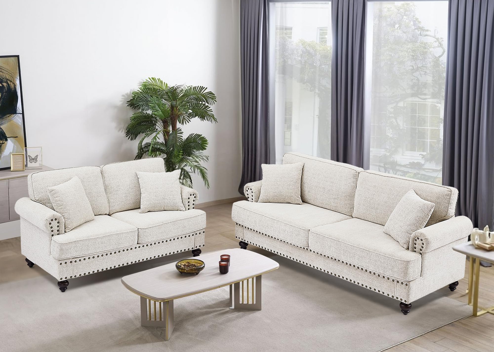 JEEOHEY 2 Piece Living Room Furniture Sets,Comfy Sofa Couch Set,Including Loveseat&3 Seater Sofa,Upholstered Deep Seat Sofa,Modern juegos de muebles de sala with Rolled Arms & Nailhead Trim(White)