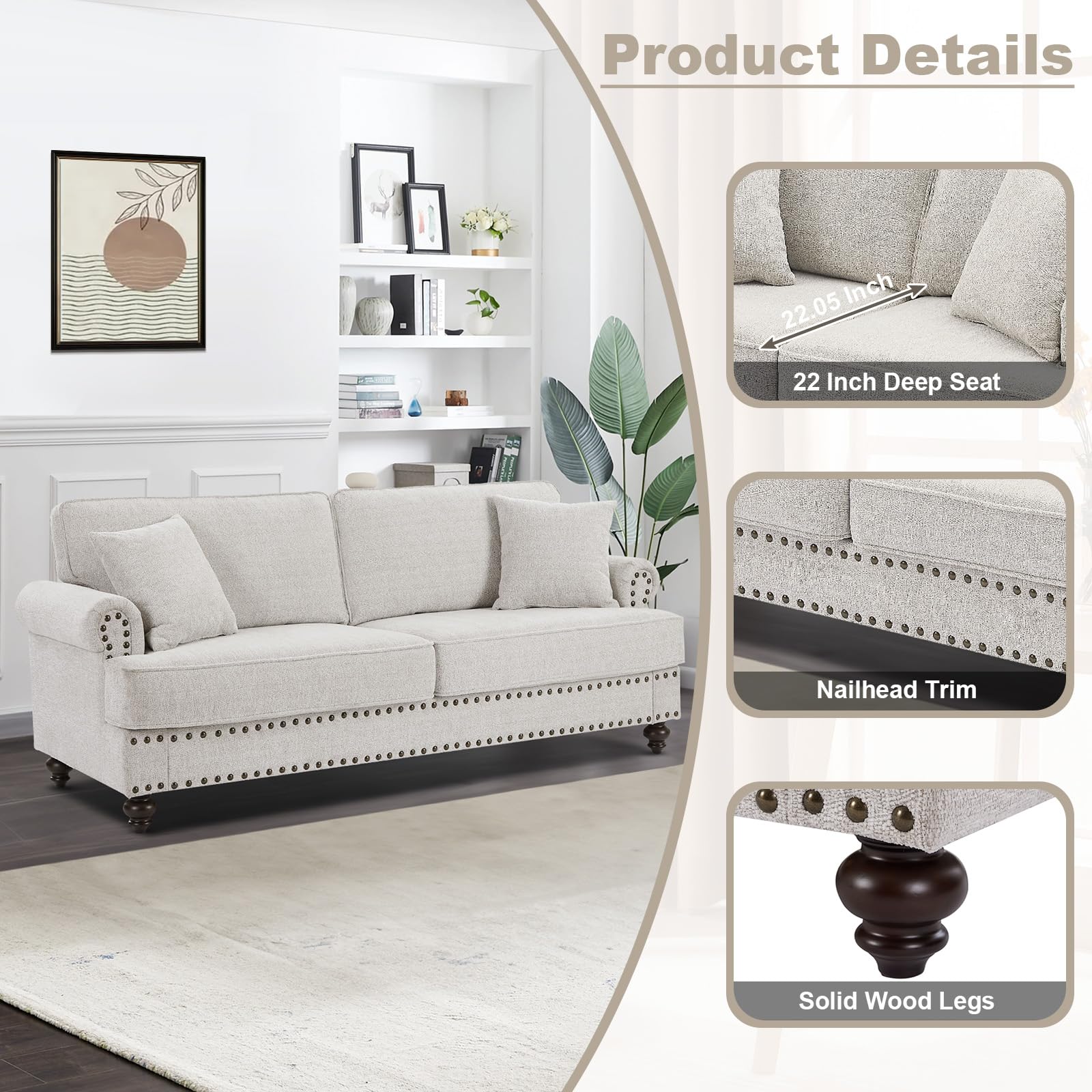 JEEOHEY 2 Piece Living Room Furniture Sets,Comfy Sofa Couch Set,Including Loveseat&3 Seater Sofa,Upholstered Deep Seat Sofa,Modern juegos de muebles de sala with Rolled Arms & Nailhead Trim(White)