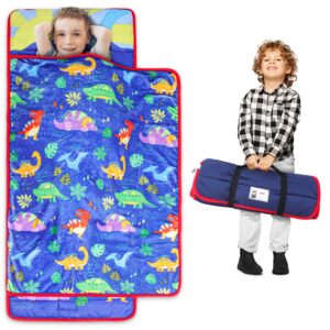 tanoshii kids nap mat set 53”x21” – includes pillow and fleece blanket – daycare and preschool must haves for toddlers – dinosaur pattern