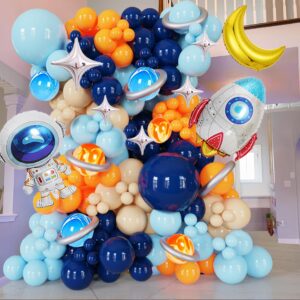 125pcs space themed balloon arch kit navy blue orange balloon garland with silver tassels galaxy, astronaut & rocket decorations for outer space parties, boy kid birthday decoration