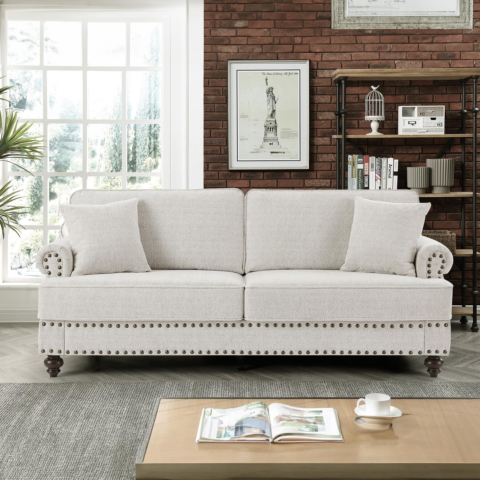 JEEOHEY 2 Piece Living Room Furniture Sets,Comfy Sofa Couch Set,Including Loveseat&3 Seater Sofa,Upholstered Deep Seat Sofa,Modern juegos de muebles de sala with Rolled Arms & Nailhead Trim(White)