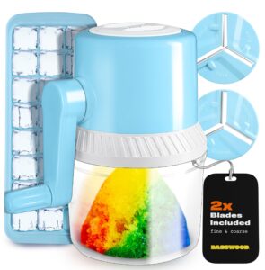 manual ice shaver - snow cone machine with ice cube tray, stainless steel blades, & large container - portable crushed ice machine for home - shaved ice maker kit for kids snowcones, slushies & more