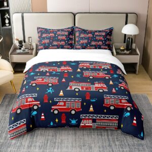 erosebridal firefighting truck 100% cotton duvet cover twin, fire truck bedding set for kids teens boys, cartoon emergency rescue vehicle comforter cover, red blue fire hydrant roadblock quilt cover