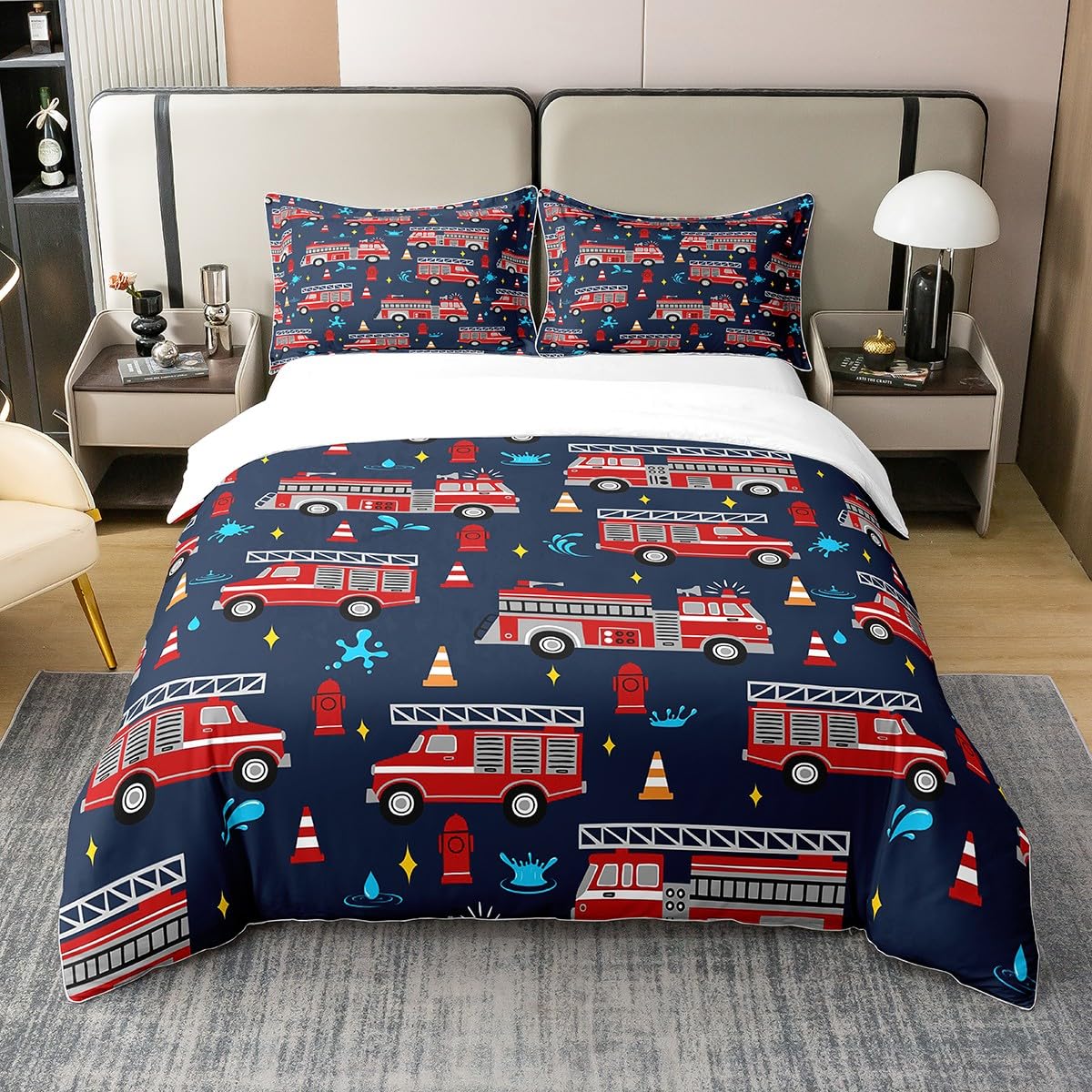 Erosebridal Firefighting Truck 100% Cotton Duvet Cover Twin, Fire Truck Bedding Set for Kids Teens Boys, Cartoon Emergency Rescue Vehicle Comforter Cover, Red Blue Fire Hydrant Roadblock Quilt Cover