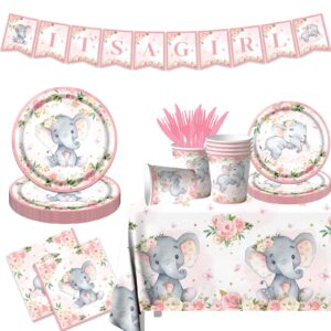 142pcs pink elephant baby shower decorations for girl it's a girl plates and napkins set with cups forks tablecloth and banner baby girl gender reveal decorations pink baby shower party supplies