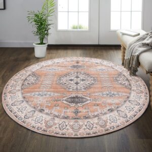 vivorug washable rug, ultra soft - 4' round rug, non slip vintage rug foldable, stain resistant rugs for living room, tribal medallion (orange, 4 round)