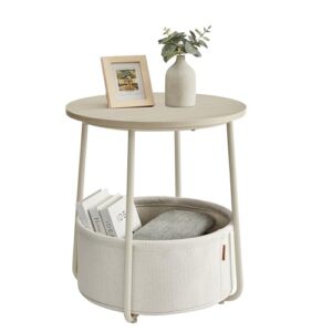 vasagle end table, small bedside table with fabric basket, modern nightstand, round side table, for living room, bedroom, cream white ulet223k67