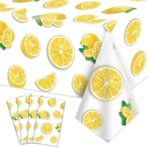 ptecdrots 4pcs lemon party tablecloths, yellow tablecloth plastic, rectangular lemonade stand supplies for kids birthday baby shower summer fruit lemon party decorations, 86 x 51 inch