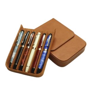 6slots leather fountain pen case collector organizer - handmade pen case vintage crazy horse print leather pen protective sleeve cover pen storage gift box (6slot-yellow)