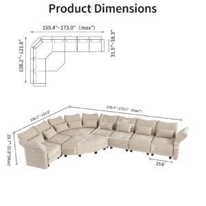 LLappuil 173" L Shaped Sectional Sofa Corner Modular Couches with 2 Diamond Ottoman, 8 Seats Chenille Sectional Couch with Adjustable Armrest Backrest, Khaki