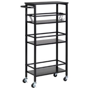 loakekel slim rolling cart, 4-tier storage cart on wheels, narrow kitchen cart with 6 hooks for small spaces, 7.87" deep, mobile shelving unit utility cart for dining room, bathroom, black hkc04bk-1