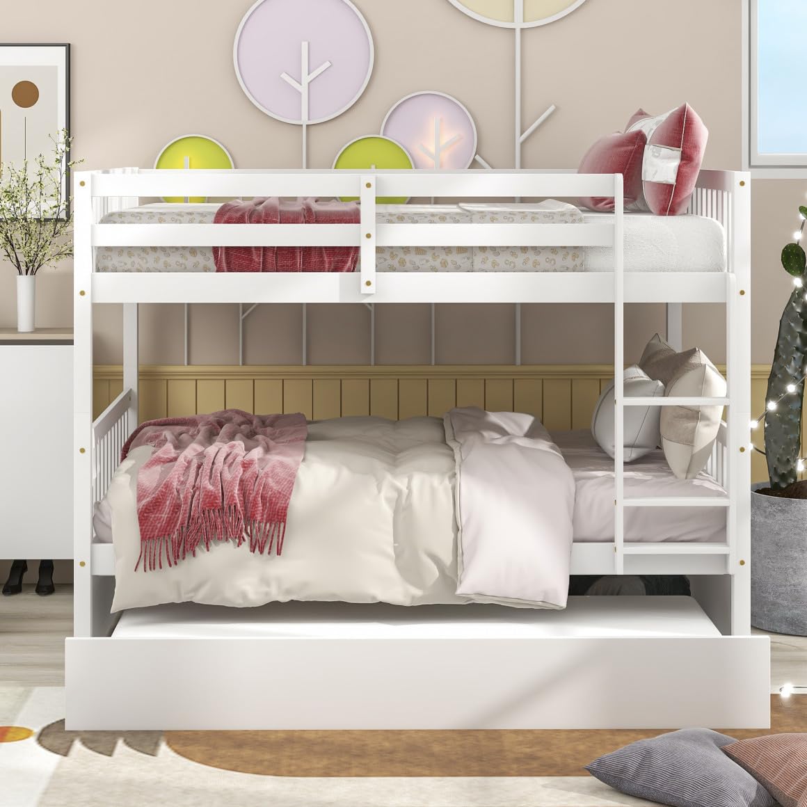 Full Over Full Bunk Bed with Trundle, Pine Wood Bunkbeds with Build-in Ladder and Safety Rails, Convertible to 2 Full Size Platform Bed for 3 Teens& Adults, No Box Spring Needed, White