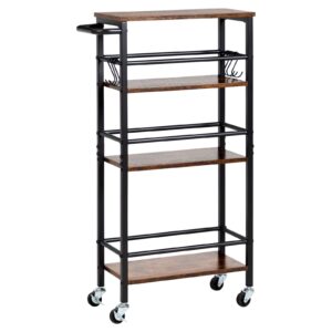 loakekel slim rolling cart, 4-tier storage cart on wheels, narrow kitchen cart with 6 hooks for small spaces, 7.87" deep, mobile shelving unit utility cart for dining room, bathroom, brown hkc04br-1