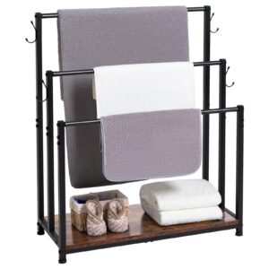 loakekel 3 tier towel rack with 4 hooks, freestanding blanket ladder, towel holder with metal frame, blanket rack for bedroom, blanket holder for bathroom, brown htr032br