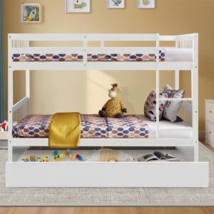 Full Over Full Bunk Bed with Trundle, Pine Wood Bunkbeds with Build-in Ladder and Safety Rails, Convertible to 2 Full Size Platform Bed for 3 Teens& Adults, No Box Spring Needed, White