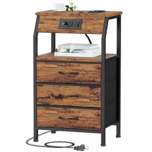 furnulem night stand with charging station, small bedside table with wood shelf, end table with usb ports & outlets, 3 fabric drawers side table for bedroom, closet, 3 ways to use, rustic brown