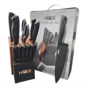 HZEX Premium Kitchen Knife Set, 13-Piece Knives Set in Block, Built-in Sharpener, High Carbon Stainless Steel Knives in Matte Black, Durable Chef's Butcher Steak Paring Utility Bread Knifes