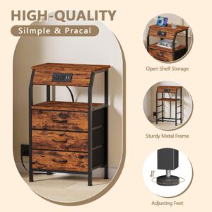 Furnulem Night Stand with Charging Station, Small Bedside Table with Wood Shelf, End Table with USB Ports & Outlets, 3 Fabric Drawers Side Table for Bedroom, Closet, 3 Ways to Use, Rustic Brown