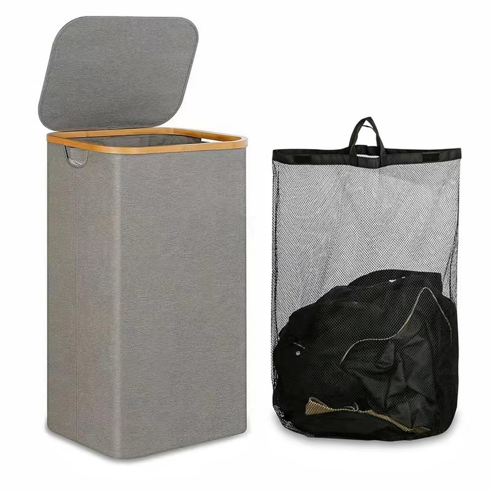 100L Laundry Basket with Lid,Portable with Handle, Detachable inner Bag, Clothes Hamper with Bamboo Handles for Clothes Toys in Dorm Bedroom Bathroom -Foldable Laundry Hamper，Gray