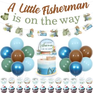 kreat4joy fishing baby shower decorations for boy, gone fishing baby shower decorations, a little fisherman is on the way banner cake cupcake toppers blue green brown balloons for fish baby shower