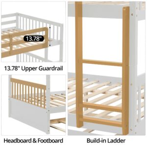 Full Over Full Bunk Bed with Trundle, Pine Wood Bunkbeds with Build-in Ladder and Safety Rails, Convertible to 2 Full Size Platform Bed for 3 Teens& Adults, No Box Spring Needed, White