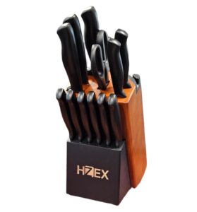 hzex premium kitchen knife set, 13-piece knives set in block, built-in sharpener, high carbon stainless steel knives in matte black, durable chef's butcher steak paring utility bread knifes