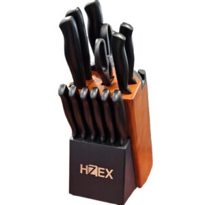 HZEX Premium Kitchen Knife Set, 13-Piece Knives Set in Block, Built-in Sharpener, High Carbon Stainless Steel Knives in Matte Black, Durable Chef's Butcher Steak Paring Utility Bread Knifes