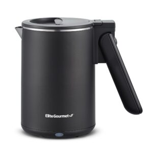 elite gourmet ekt719 dual volt 120-230v, travel double wall insulated cool-touch, 0.6l electric kettle, stainless steel interior, hinged-locking lid, retractable handle, auto shut-off, boil dry, black